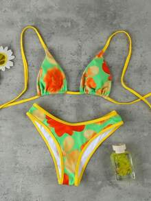 Women's Green Bottom Orange Floral Print Halter Triangle Bikini 2-Piece ...