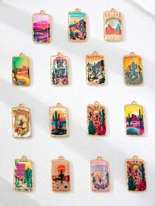 Western Desert Cactus Gold Plated Rectangle Pendants, Arizona Sunset ...