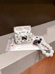 Cute Black Cat Star Pattern Earphone Case With Beaded Chain Protective ...