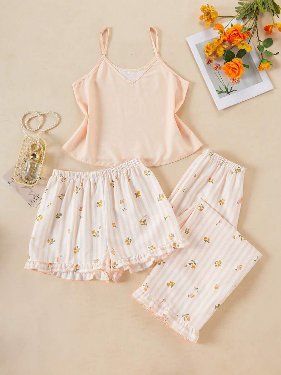 Women's 3-Piece Pajama Set, Romantic Cute Comfortable Solid Color V ...