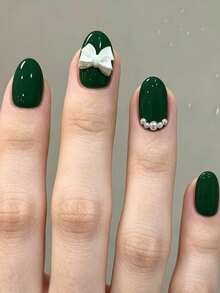 24pcs Green Minimalist Fashionable Press-On Nails With White Bow And ...
