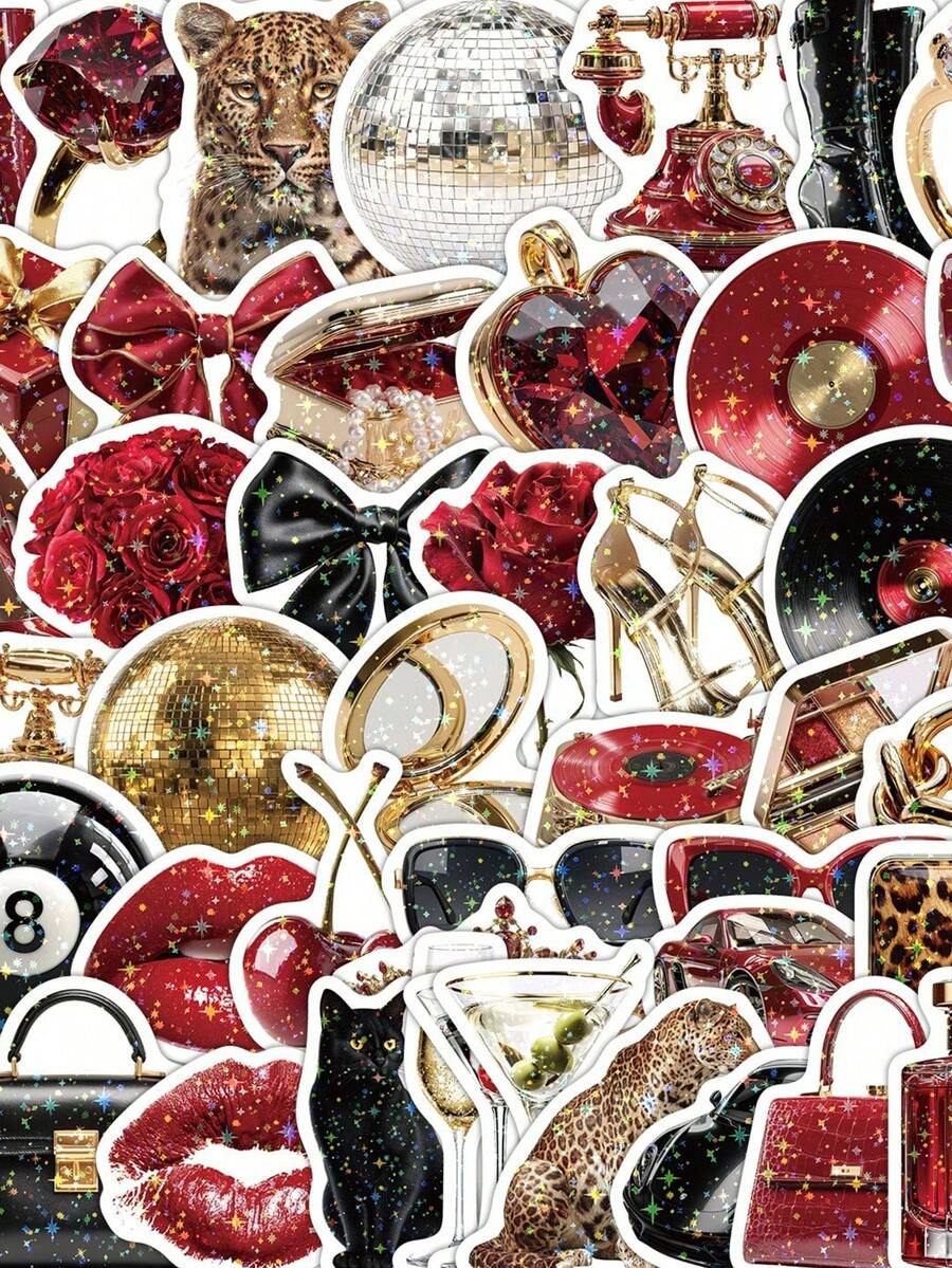50pcs Red Glitter Graffiti Stickers, Waterproof Stickers For Decorating ...