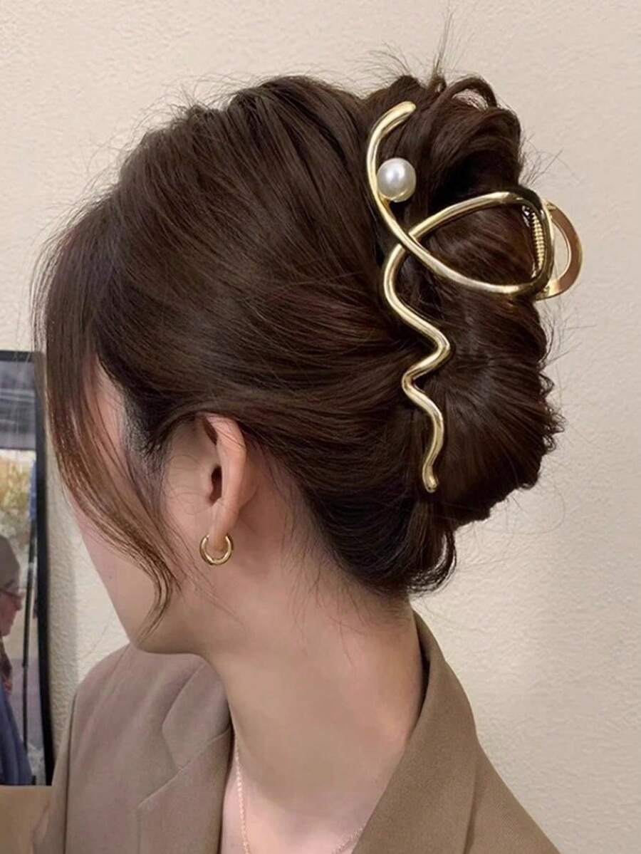 1 Peça Presilha de Cabelo Garra de Metal com Linha Ondulada Dourada e ...