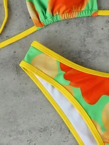 Women's Green Bottom Orange Floral Print Halter Triangle Bikini 2-Piece ...