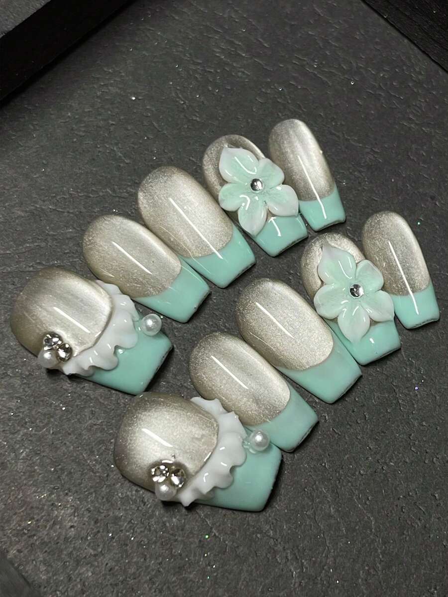 1 pacote/10 peças - Unhas Postiças Elegantes Menta & Prata Minimalistas ...