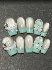 1 pacote/10 peças - Unhas Postiças Elegantes Menta & Prata Minimalistas ...