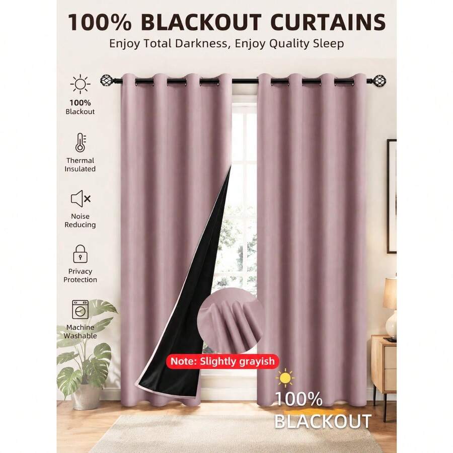 1pc 100% Blackout Solid Color Minimalist Rod Pocket Curtain With Coated ...