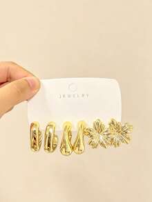 6pcs/18pcs Fashionable Floral & Geometric Multi- Gold Metallic Earring ...