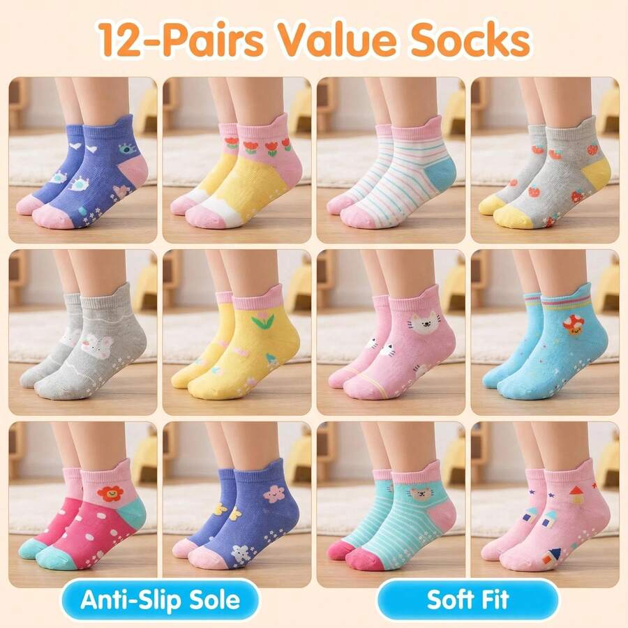 Girls 12 Pairs Value Pack Socks, Non-Slip Design, Cat & Floral Pattern ...