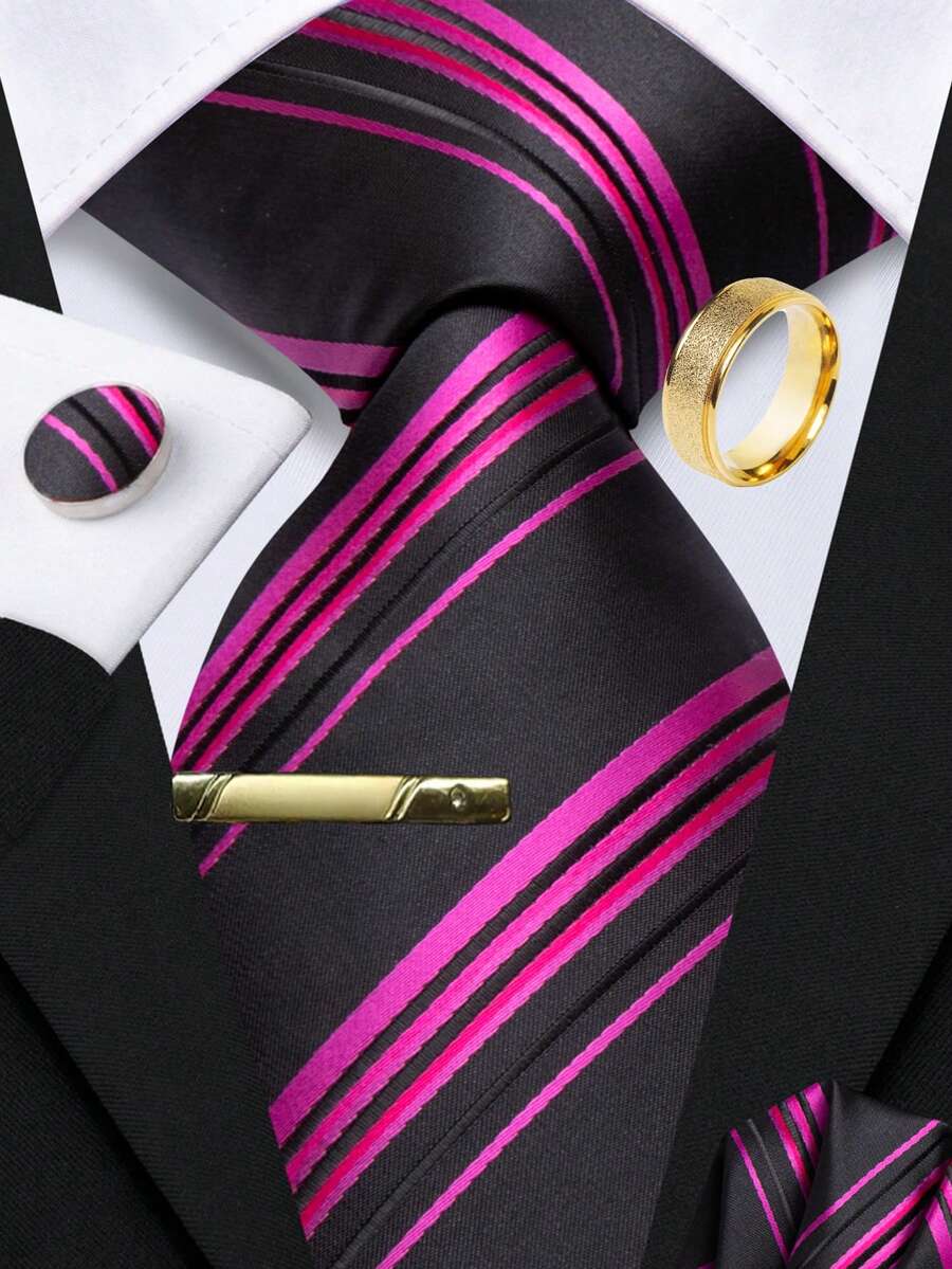 5PCS Men's Classic Striped Necktie Set With Pocket Square, Cufflinks ...