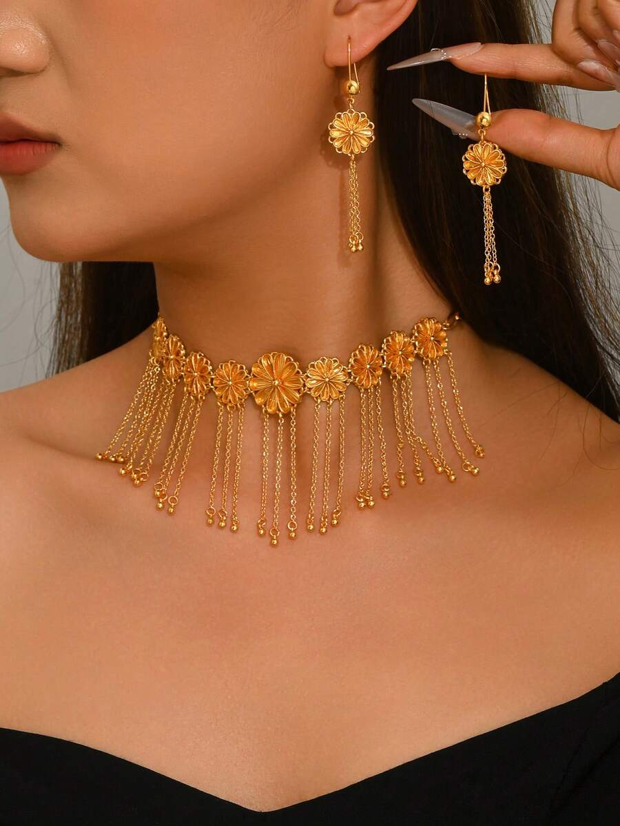 3pcs Set Luxury Elegant Gold-Plated Embossed Floral Tassel Choker ...