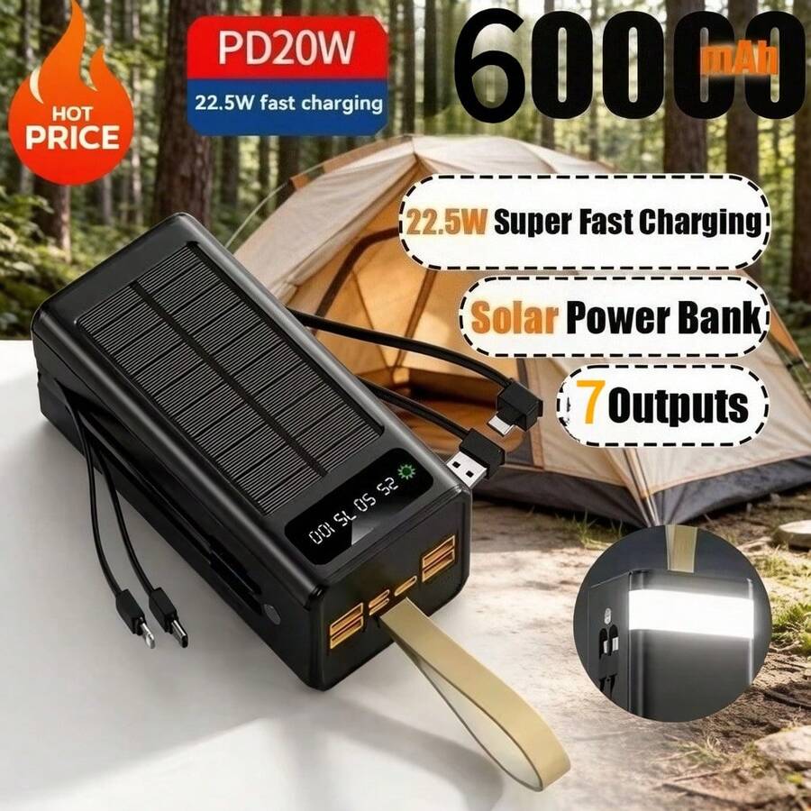 1pc 60000mAh High Capacity Solar Power Bank 7-Port Charging, 22.5W/20W ...