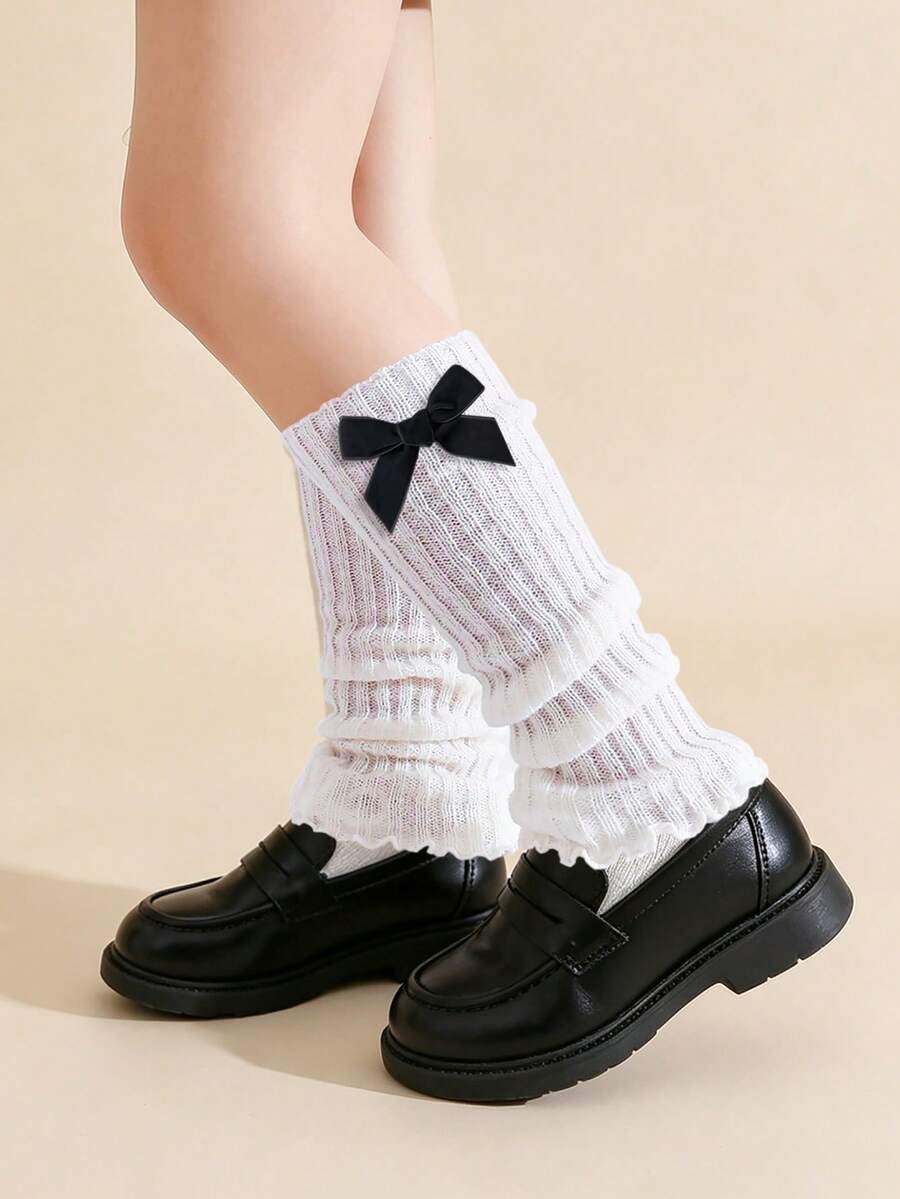 1 Pair Girls' Solid Color Ruffle Trim Knit Spring/Autumn All-Season Leg ...