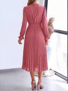 Women's Spring Fall Midi Dress Casual Long Sleeve V Neck Swiss Dot ...