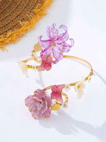 1pc Niche Design Floral Arm Cuff Pink Gradient Resin Flower Open Arm ...