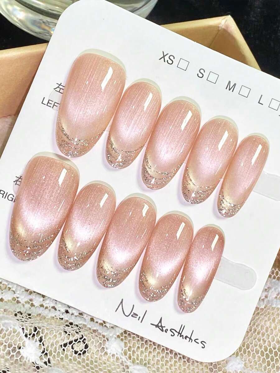 10PCS Minimalist Daily Handmade Press-On Nails, French Blush Cat Eye ...