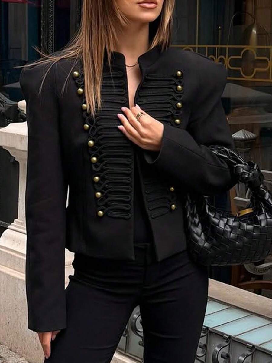 Vintage Military Gold Button Cropped Blazer Women Stand Collar Padded ...