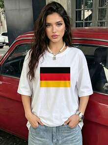 Women's White Crew Neck Short Sleeve T-Shirt, Printed With German Flag ...