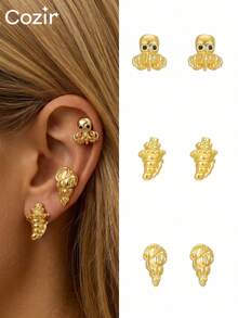 3 Pairs Fashion Octopus Shell Shaped Stud Earrings, Cute Marine Life ...