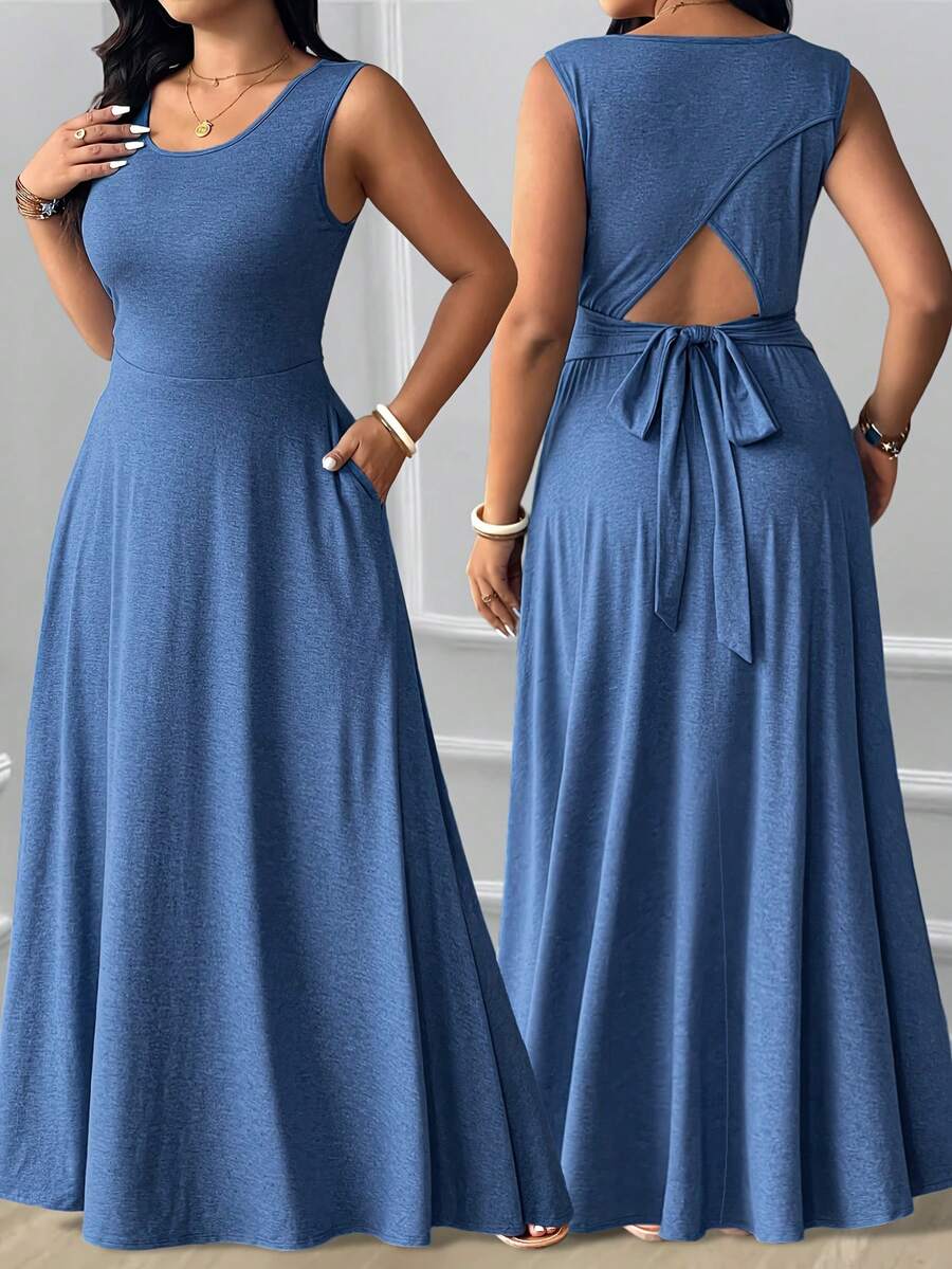 Plus Size Women's Elegant Solid Color Round Neck Tie-Back Cinched Waist ...