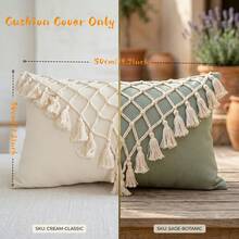 Minimalist Macrame Tassel Decorative Pillow Cover, Boho Chic Sage Green ...