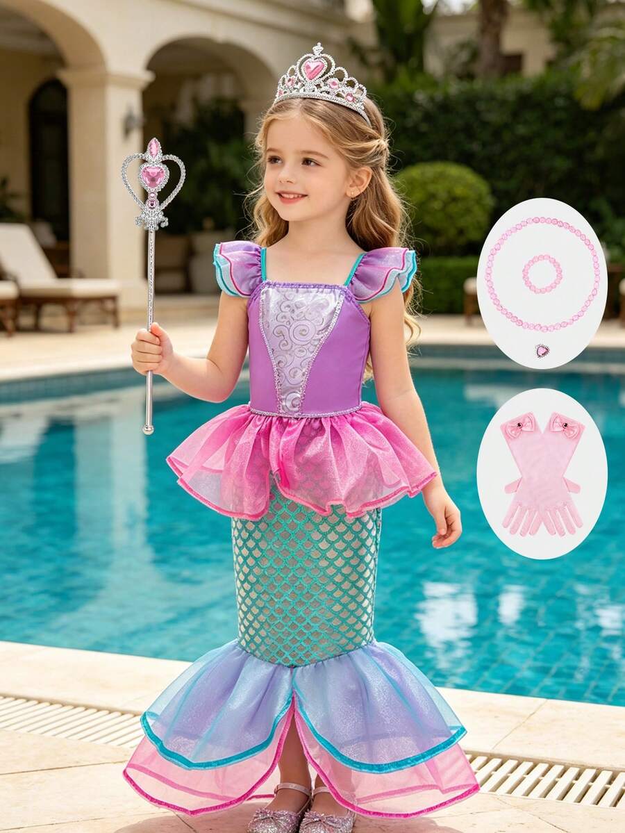8pcs/Set Girls Pink Mermaid Sleeveless Floral Pattern Dress Accessories ...