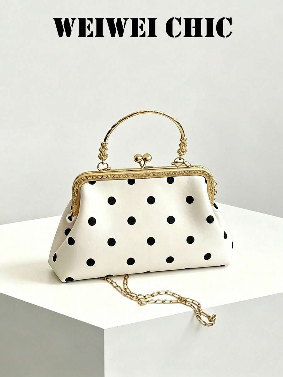 This Elegant Polka-Dot Handbag Features A Stylish Gold Metal Frame, A ...