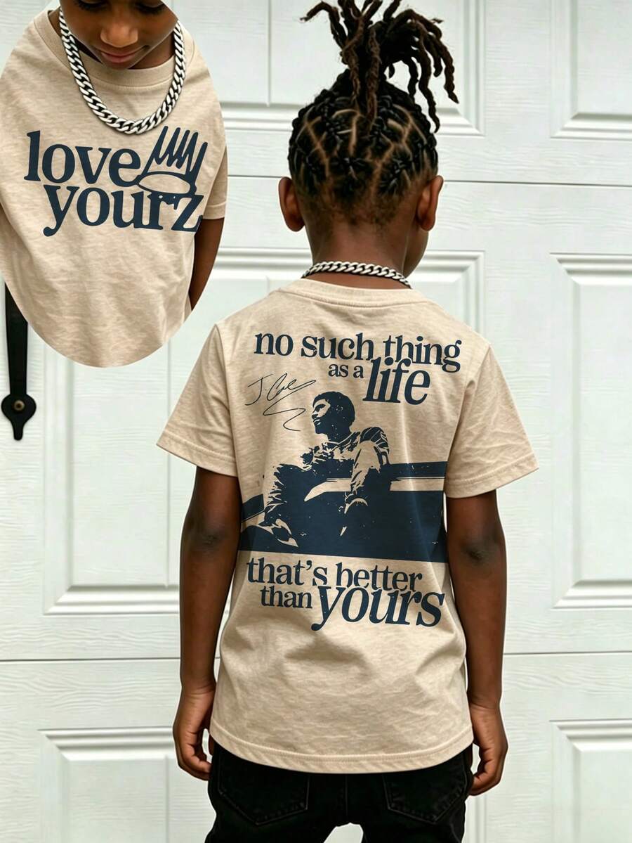 Kids' Crew Neck Short-Sleeved Top – Retro Portrait And Letter Print Top ...