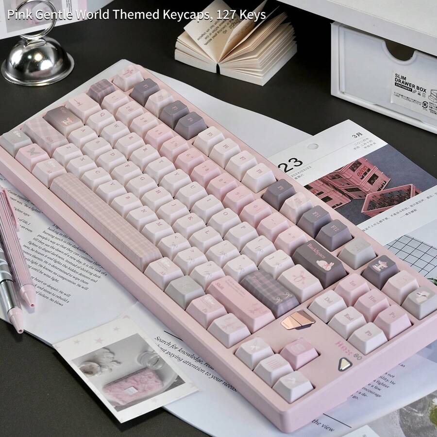 Teclas Tema Rosa Mundo Suave Altura Original PBT Sublimação Compatível ...