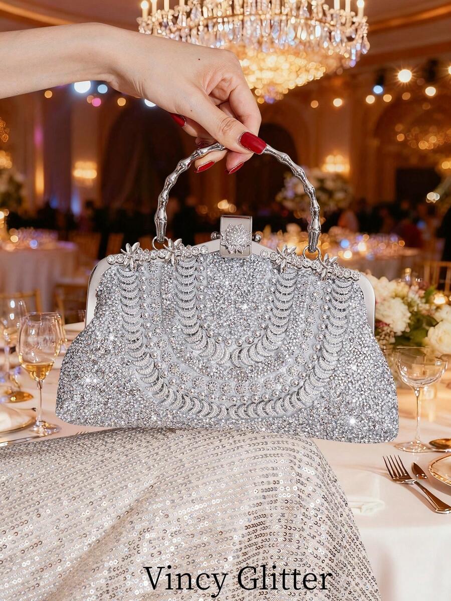 Evening Party Bag With Sparkling Rhinestone Decor, Metal Wrist Handle ...