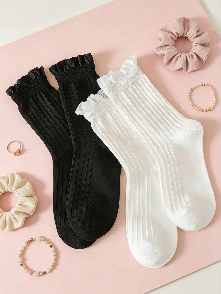 2 Pares de Meias Lolita de Renda até a Panturrilha para Mulheres, Meias ...