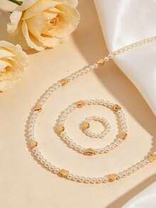 3pcs/Set Children's Sweet Heart Faux Pearl Necklace, Bracelet, Ring ...