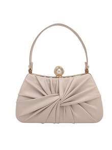 Women's Beige Elegant Pleated Pearl Clasp Clutch Bag, Top Handle Formal ...