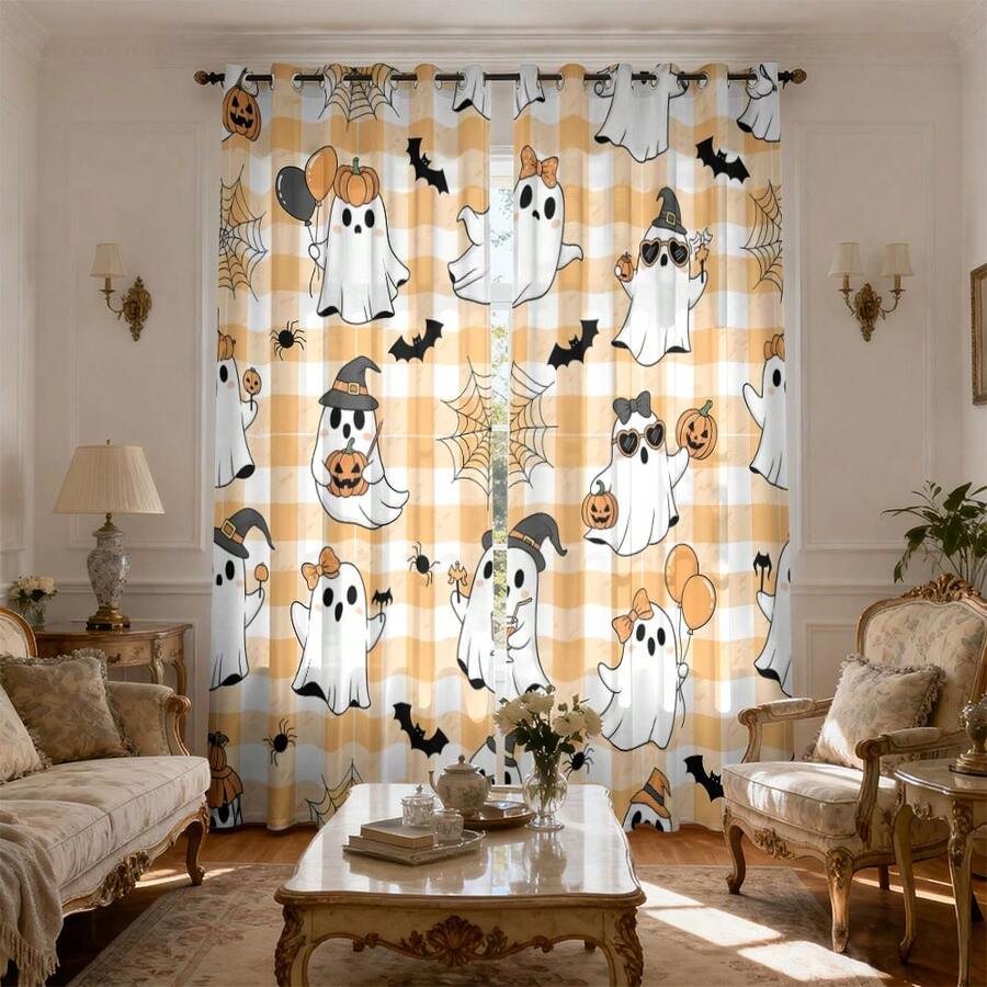 1 Set Of 2 Pieces Halloween Pattern Polyester Fabric Curtains, Cute ...