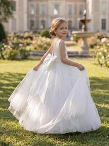 Young Girl Bow V-Neck Graduation Party Dress, Tulle Princess Gown ...