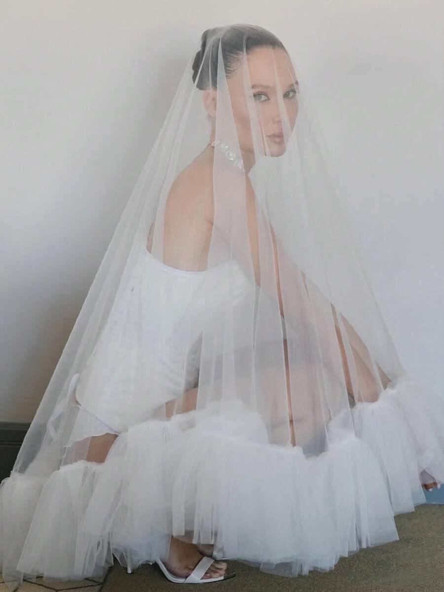 1pc Bridal Wedding Veil With Ruffle Edge, White Pleated Tulle Double ...