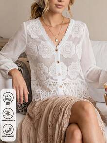Summer Bohemian Lace Top, V-Neck Puff Sleeve Crochet Blouse, Suitable ...