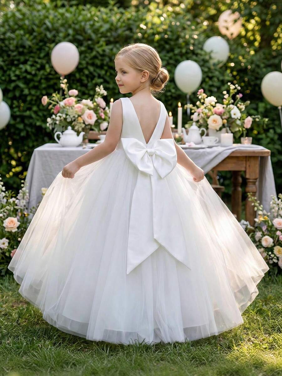 Young Girl Bow V-Neck Graduation Party Dress, Tulle Princess Gown ...