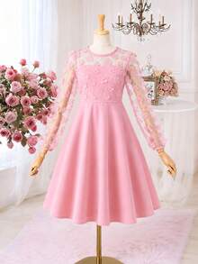 Girls' Elegant Sweet 3D Floral Mesh Long Sleeve Round Neck Dress ...