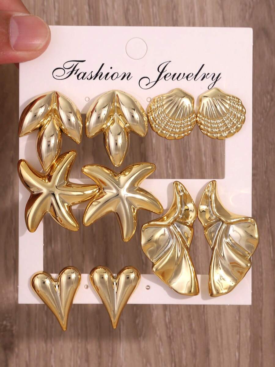 1/5 Pairs Tropical Beach Style Gold Ocean Earrings Set, Essential For ...