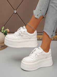 White Women's Thick Sole Sneakers, Lace-Up Comfortable Versatile ...