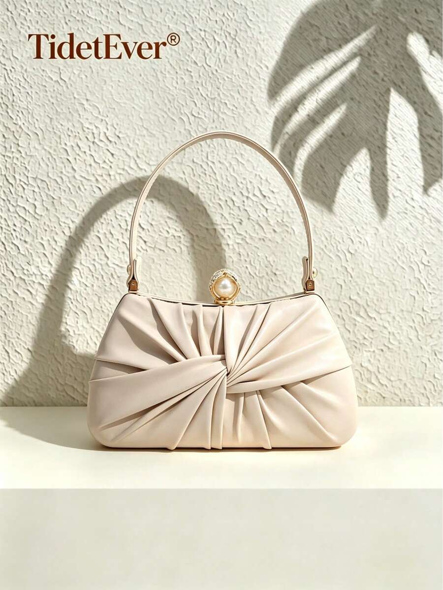 Women's Beige Elegant Pleated Pearl Clasp Clutch Bag, Top Handle Formal ...