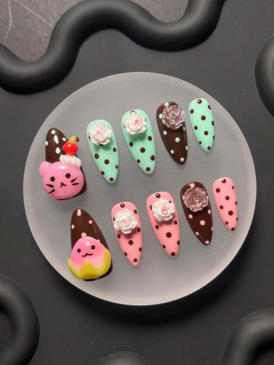 10-Piece Handmade Press On Nails, Y2K Style, Almond-Shaped Nails ...