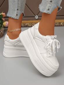 White Women's Thick Sole Sneakers, Lace-Up Comfortable Versatile ...