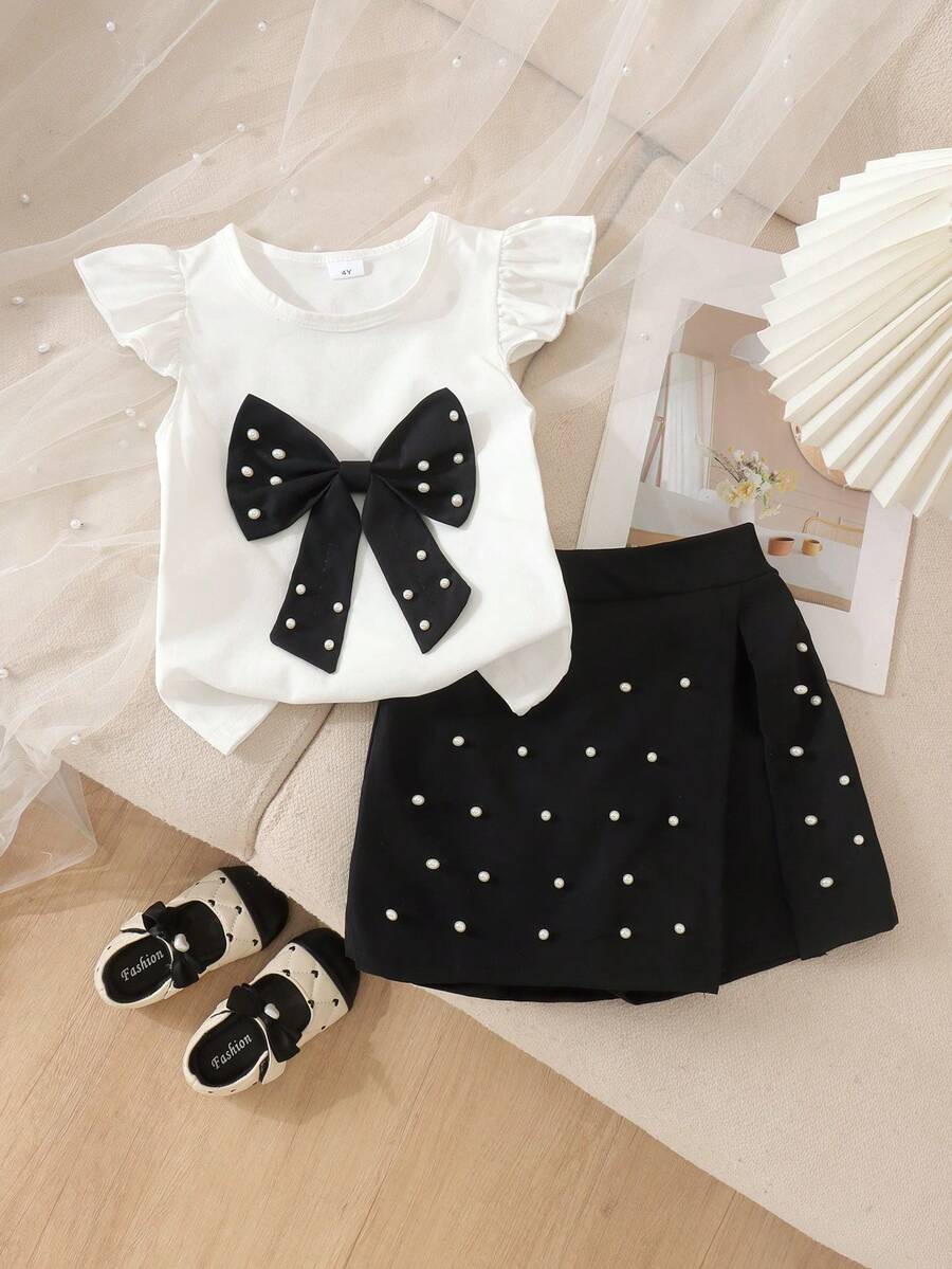 2pcs/Set Young Girls Academy Style Flutter Sleeve Beaded Bow Tie Tank ...