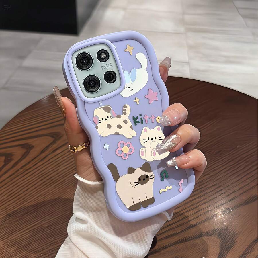 1pc Macaron Cute Colorful Cartoon Cat Asymmetric Wavy Edge Phone Case ...