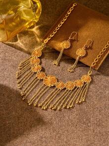 3pcs/Set Vintage Glamorous Floral Patchwork Tassel Necklace & Earrings ...
