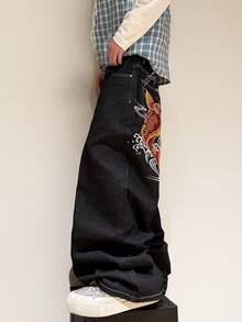 1pc Hearty Haven Casual Loose Fit Koi Fish Embroidered Wide Leg Jeans ...