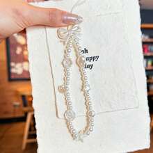 White Bowknot&Flower Elegant Classic Asymmetric Pearl Phone Lanyard ...