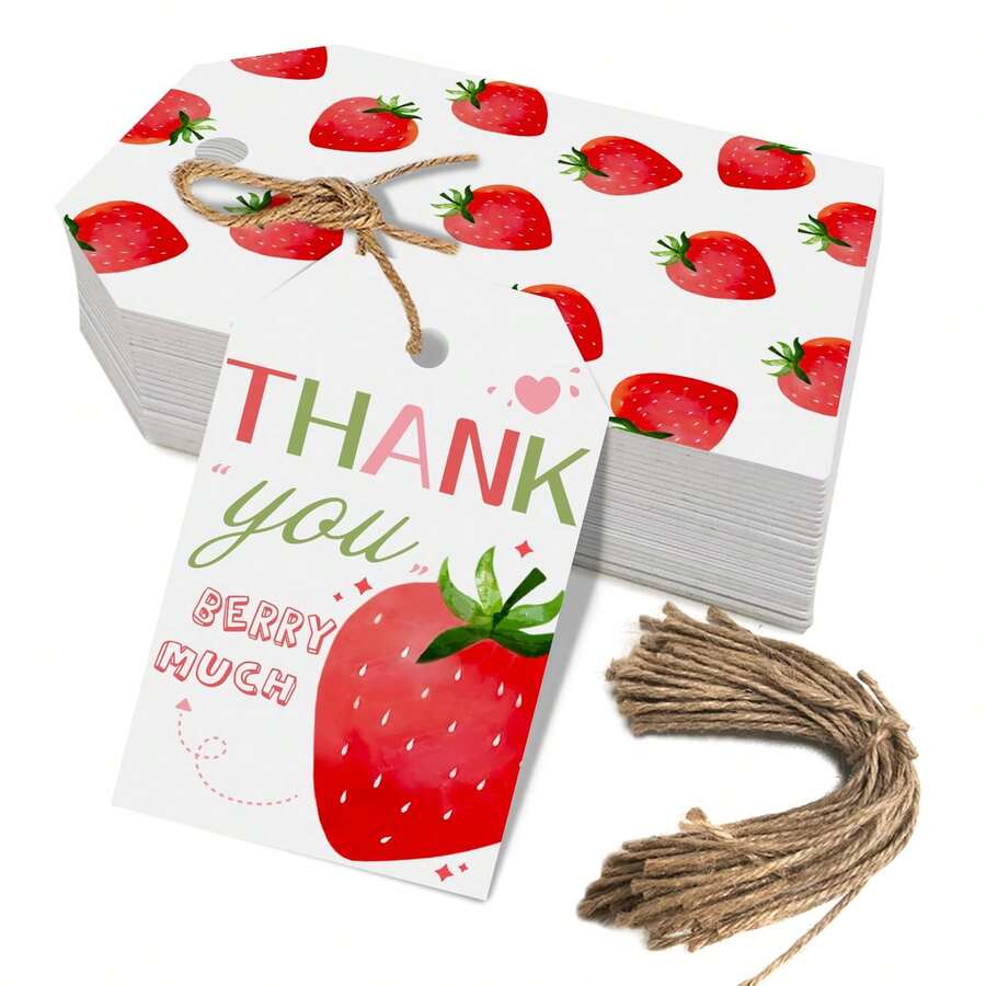 48pcs Paper Strawberry Thank You Berry Much Tags, Sweet Strawberry ...